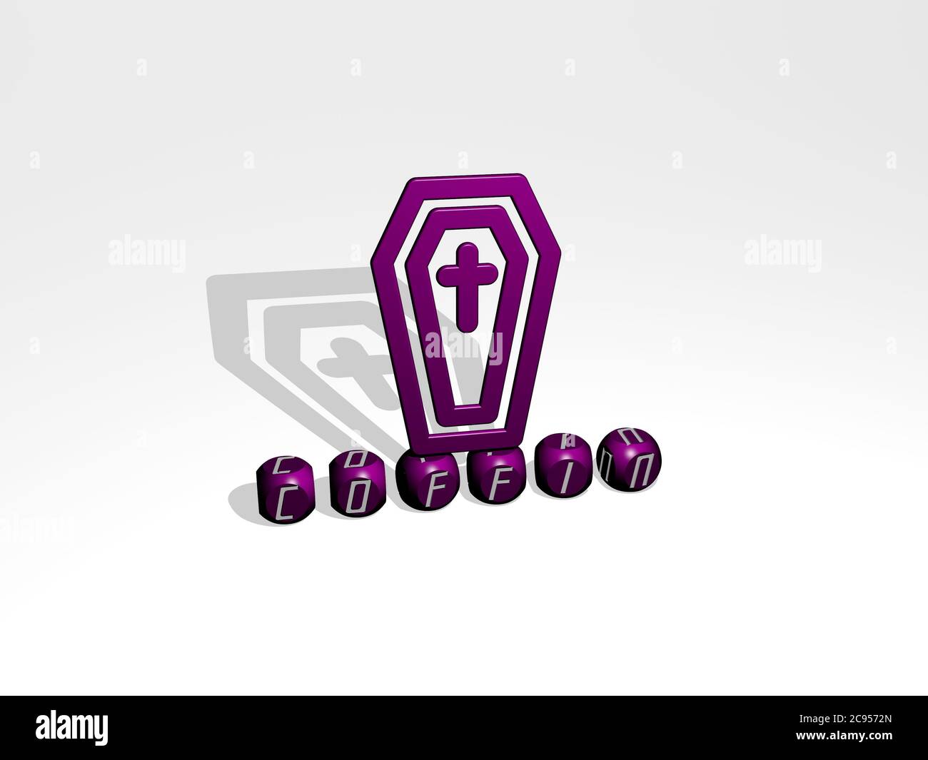 3D illustration of coffin graphics and text made by metallic dice ...