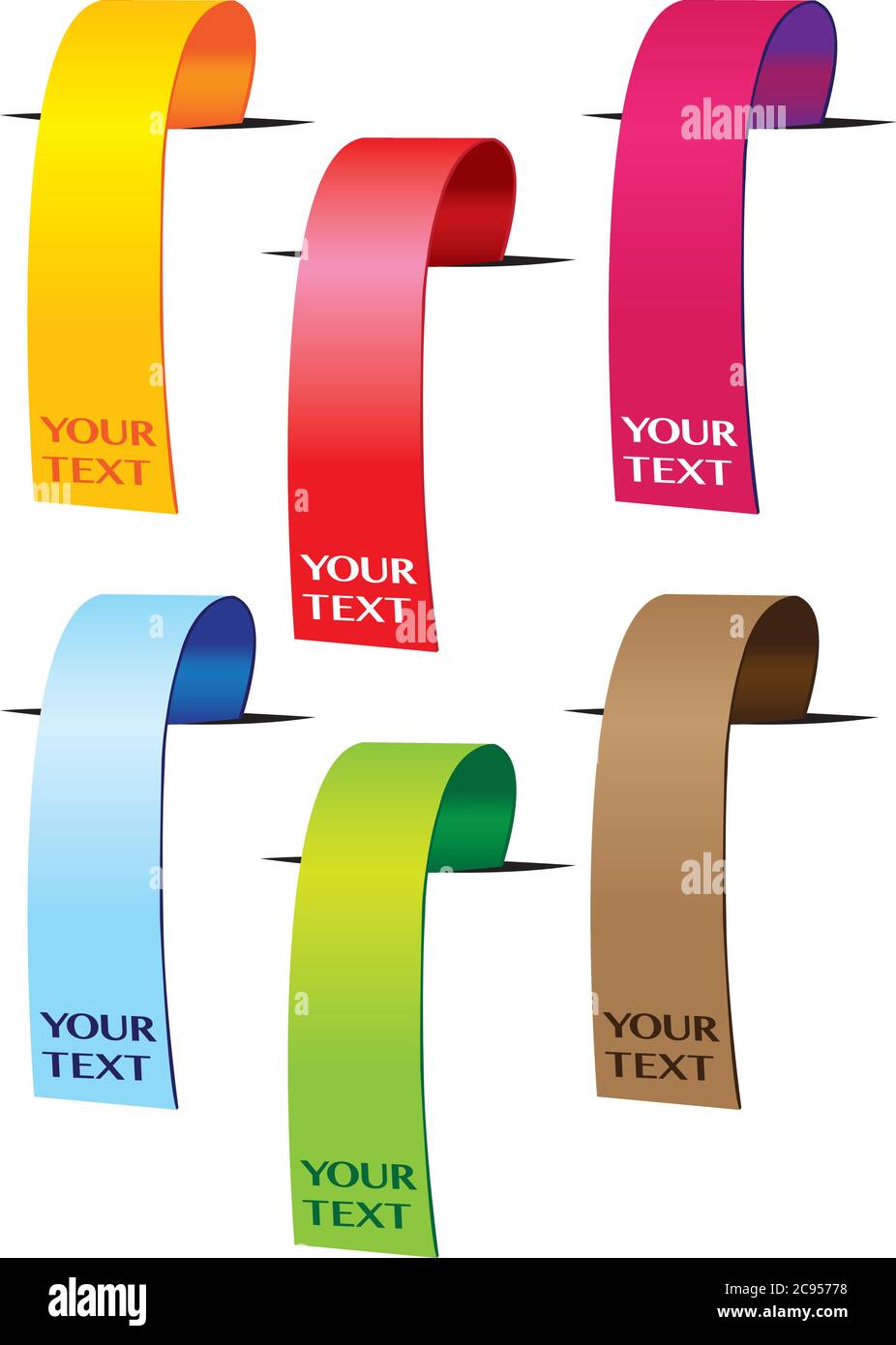 Vector illustration of blank strips of colored paper hanging on one end ...