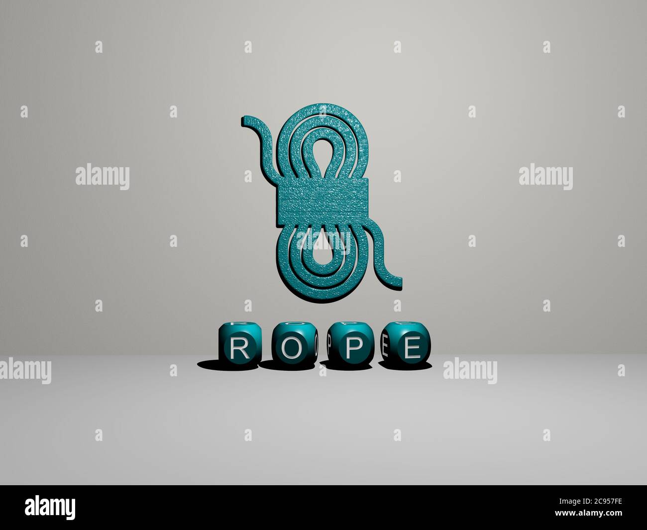 3D illustration of rope graphics and text made by metallic dice letters ...