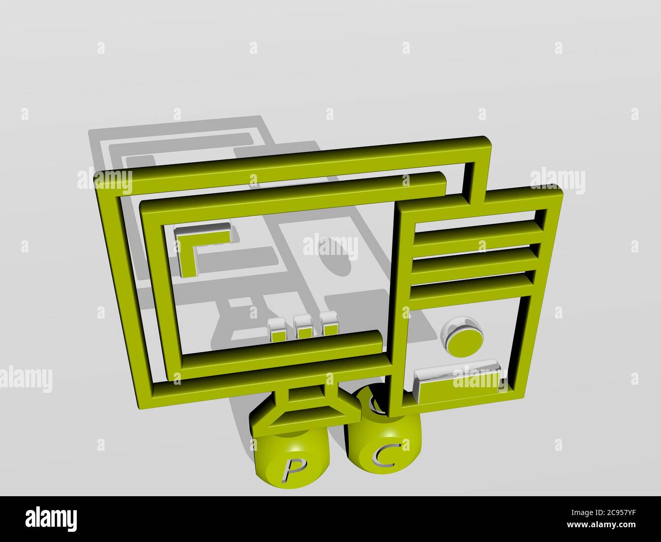 3D representation of PC with icon on the wall and text arranged by ...