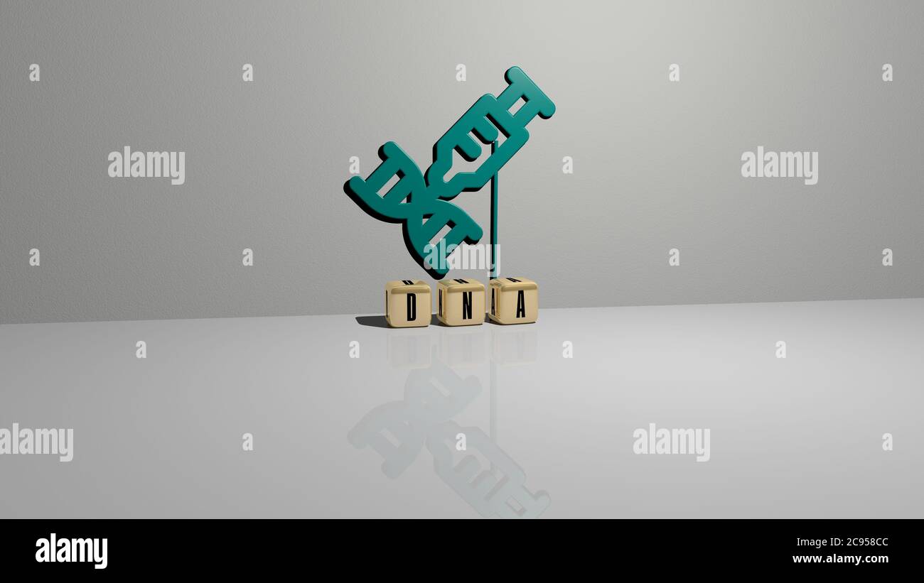 3D graphical image of dna vertically along with text built by metallic ...