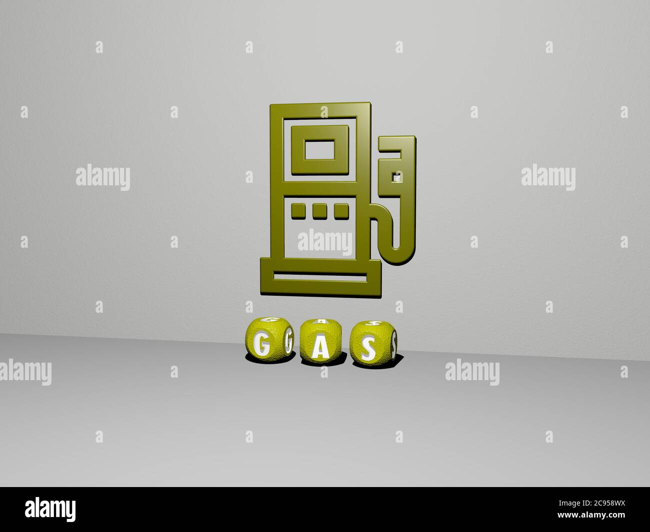 3D illustration of gas graphics and text made by metallic dice letters ...