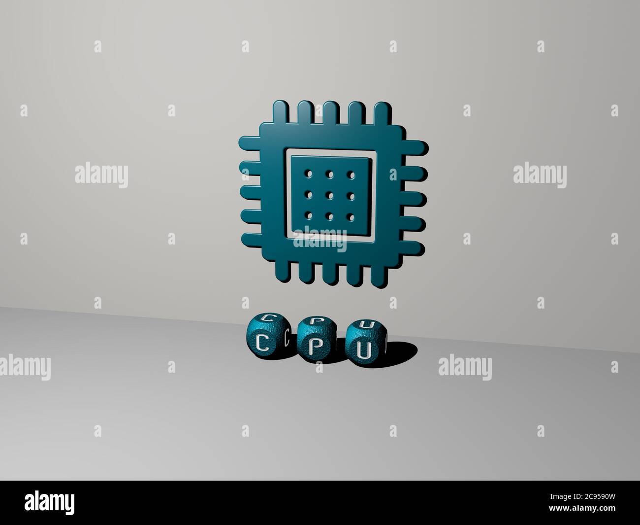 3D representation of CPU with icon on the wall and text arranged by ...