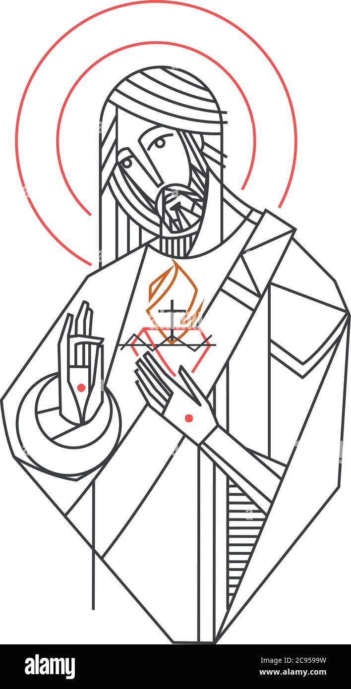 Hand drawn vector illustration or drawing of Jesus Christ Sacred Heart ...