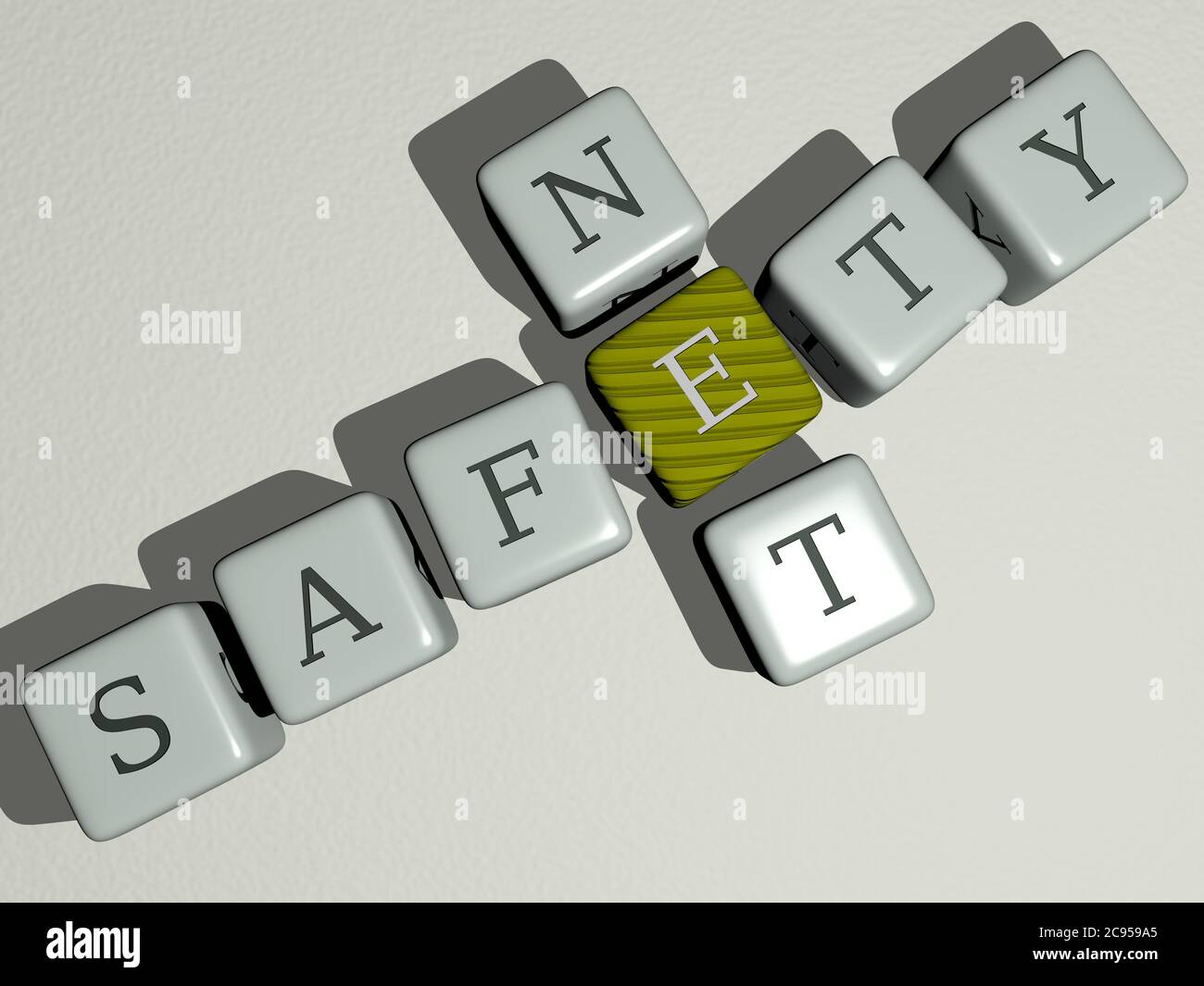 crosswords of safety net arranged by cubic letters on a mirror floor ...