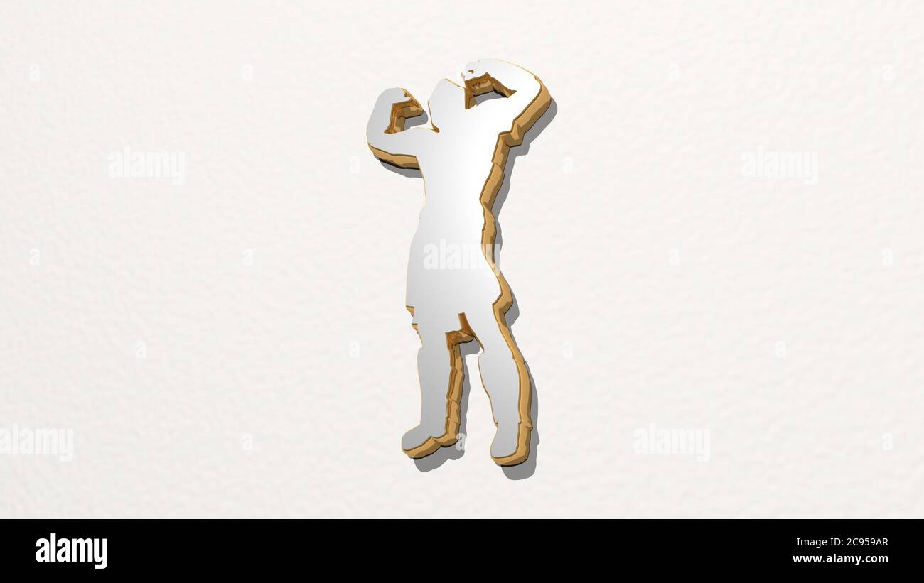 STRONG MAN on the wall. 3D illustration of metallic sculpture over a ...