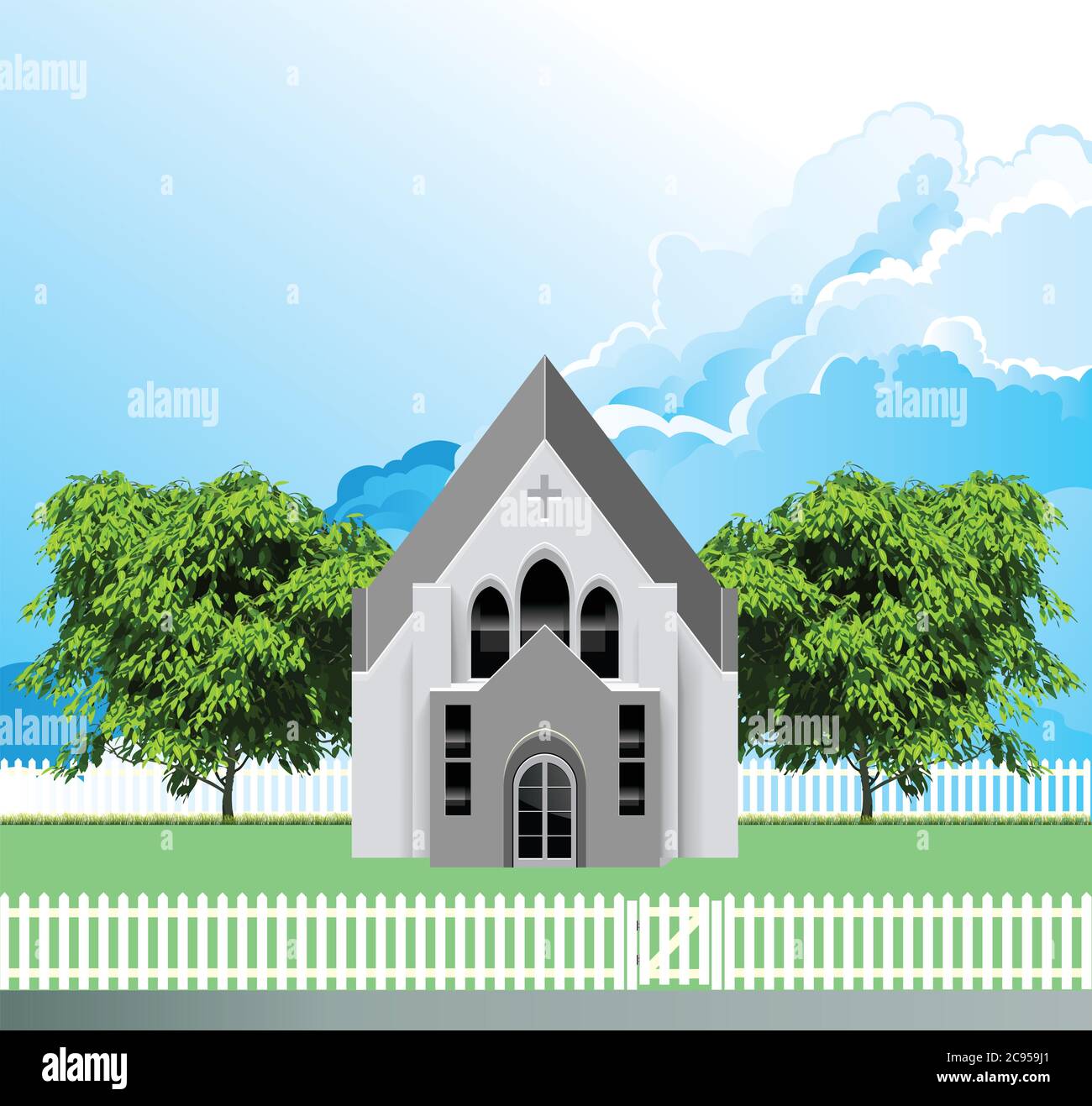 Rural Christian parish church building with white picket fence and gate ...