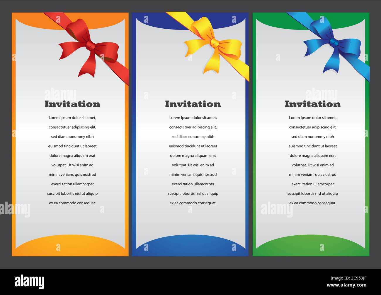 Three colorful vertical invitation card with different colored ribbon ...
