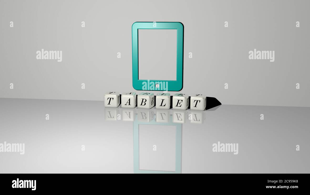 3D graphical image of tablet vertically along with text built by ...