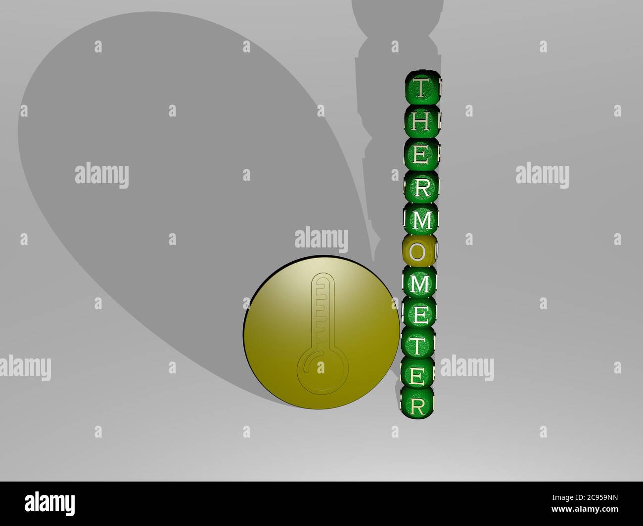 3D representation of THERMOMETER with icon on the wall and text ...