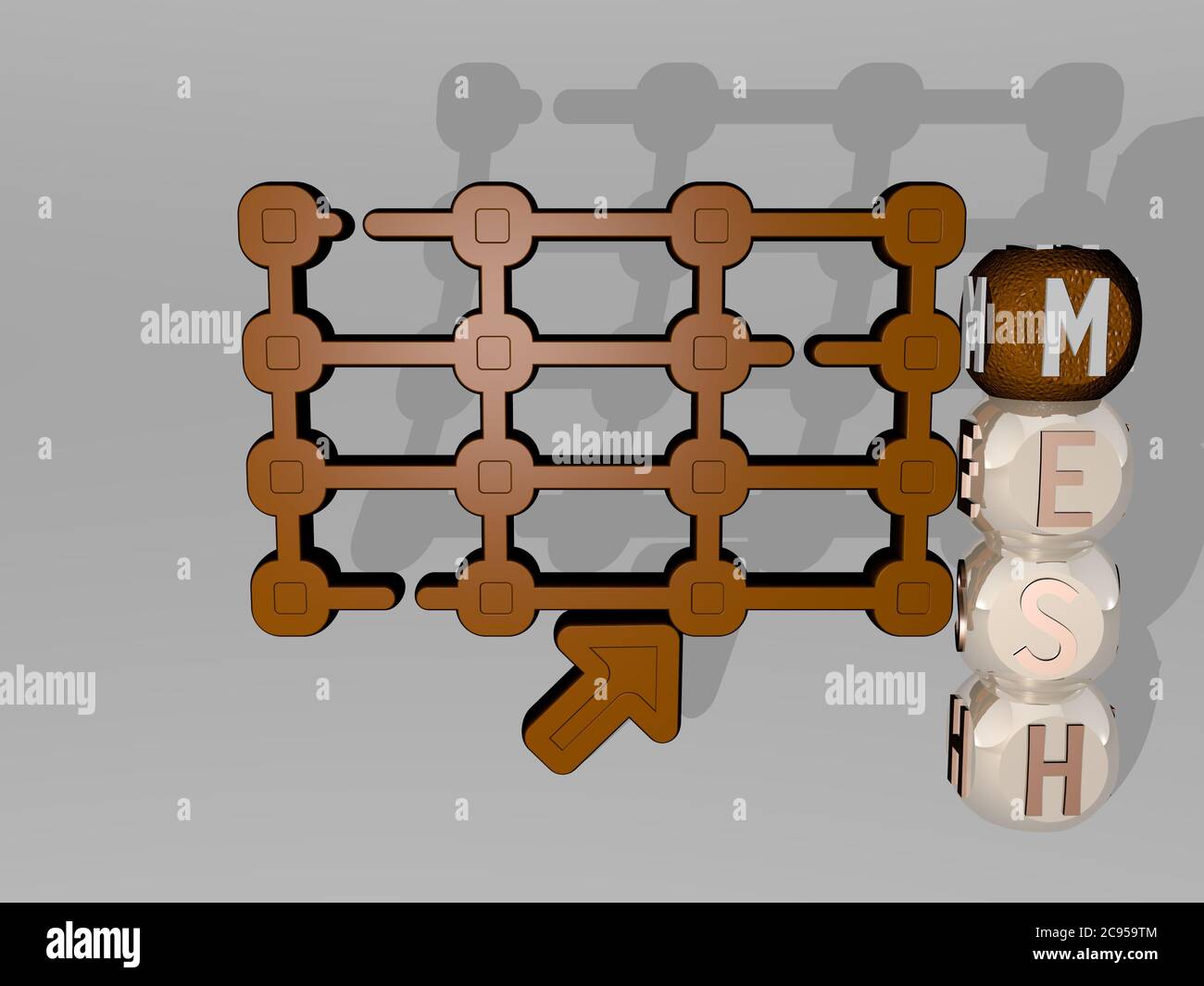 3D representation of mesh with icon on the wall and text arranged by ...