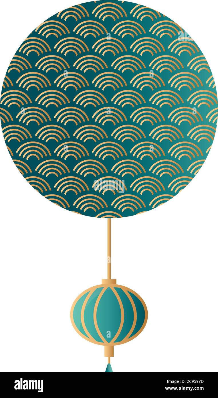 mid autumn festival with waves in circular frame and lanterns vector ...