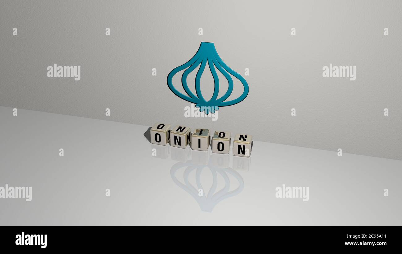 3D illustration of onion graphics and text made by metallic dice ...