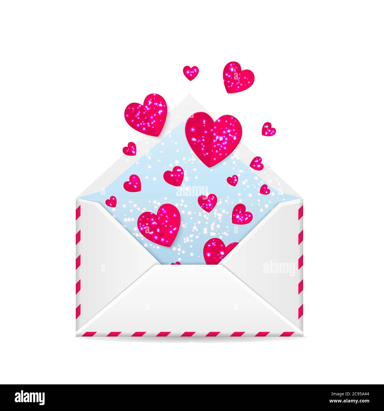 Vector Valentines Day illustration of open envelope with shiny paper ...
