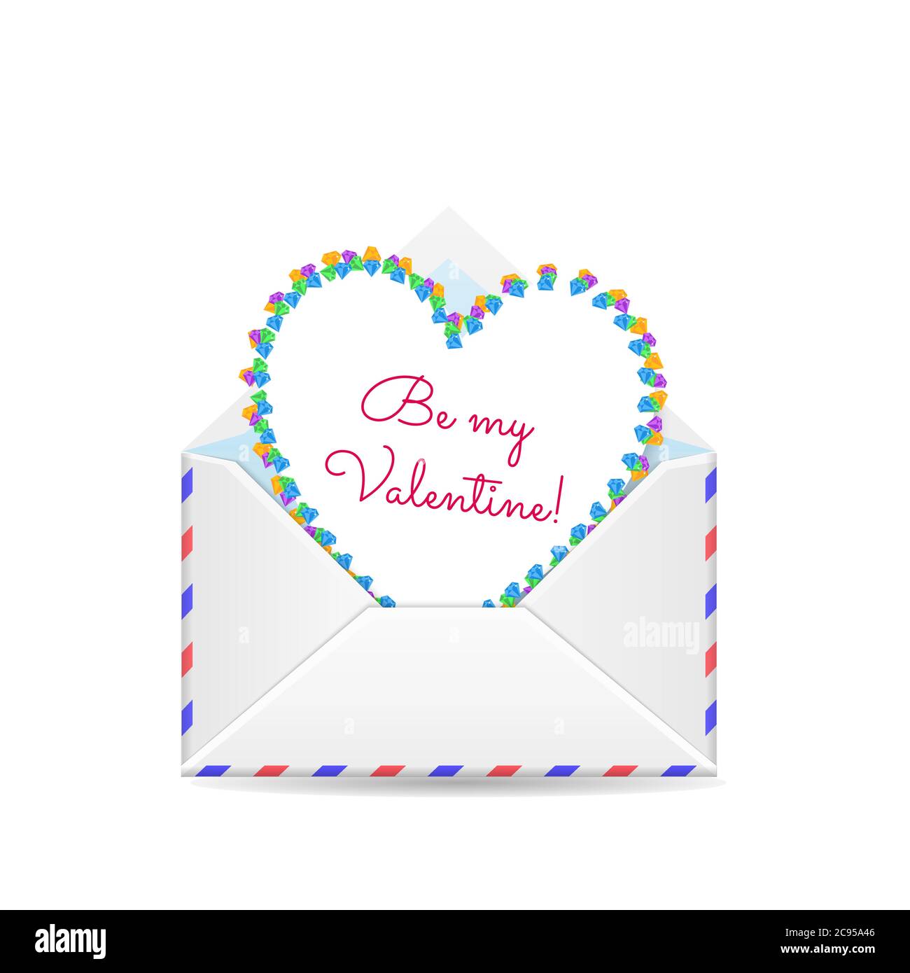 Vector Valentines Day illustration of Open envelope with paper diamond ...