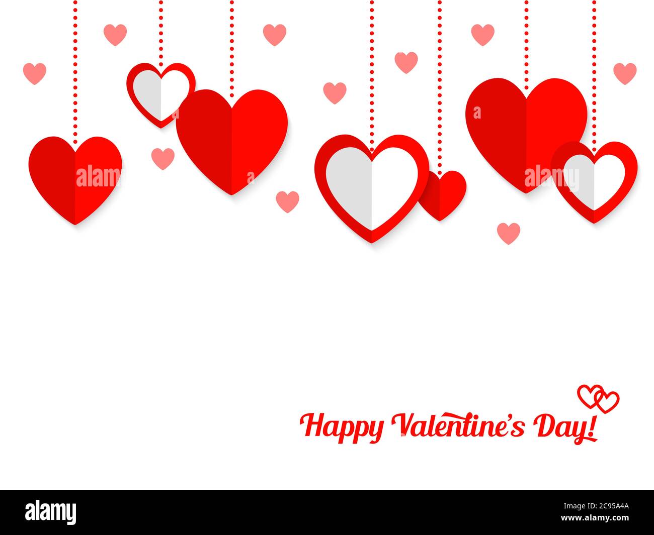 Valentines day background with dangling paper hearts on white ...