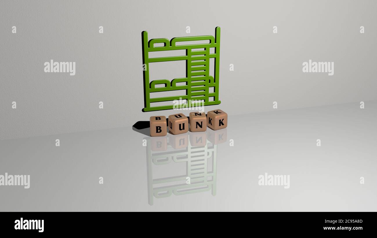 3D graphical image of BUNK vertically along with text built by metallic ...