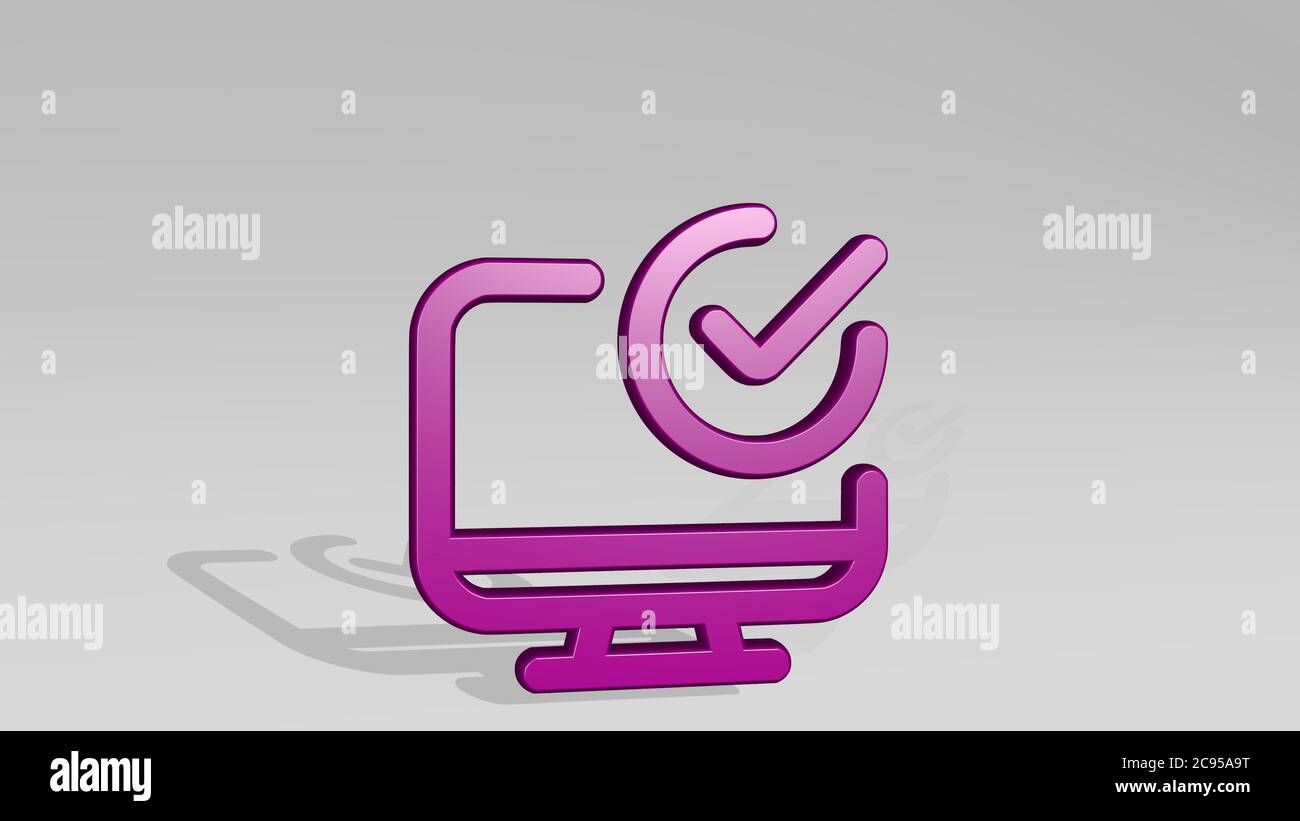 DESKTOP MONITOR APPROVE stand with shadow. 3D illustration of metallic ...