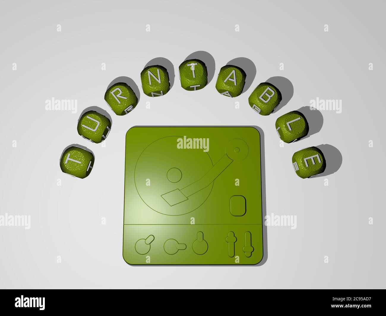 3D representation of turntable with icon on the wall and text arranged ...