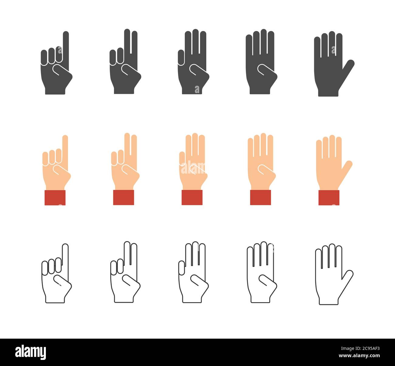 Vector counting hands. Numbers hand gesture icons. Pictogram black silhouette, flat and outline ...