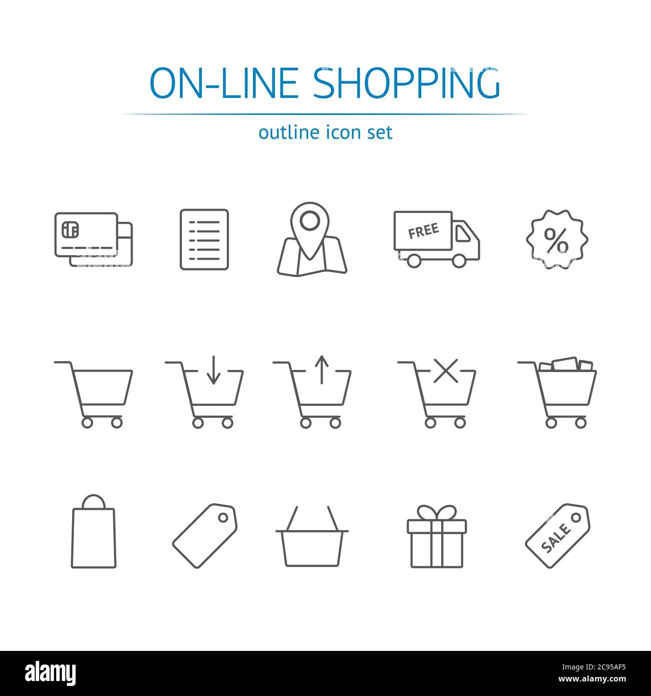 Online shopping icons set. Vector outline symbols with blue fill. Set ...