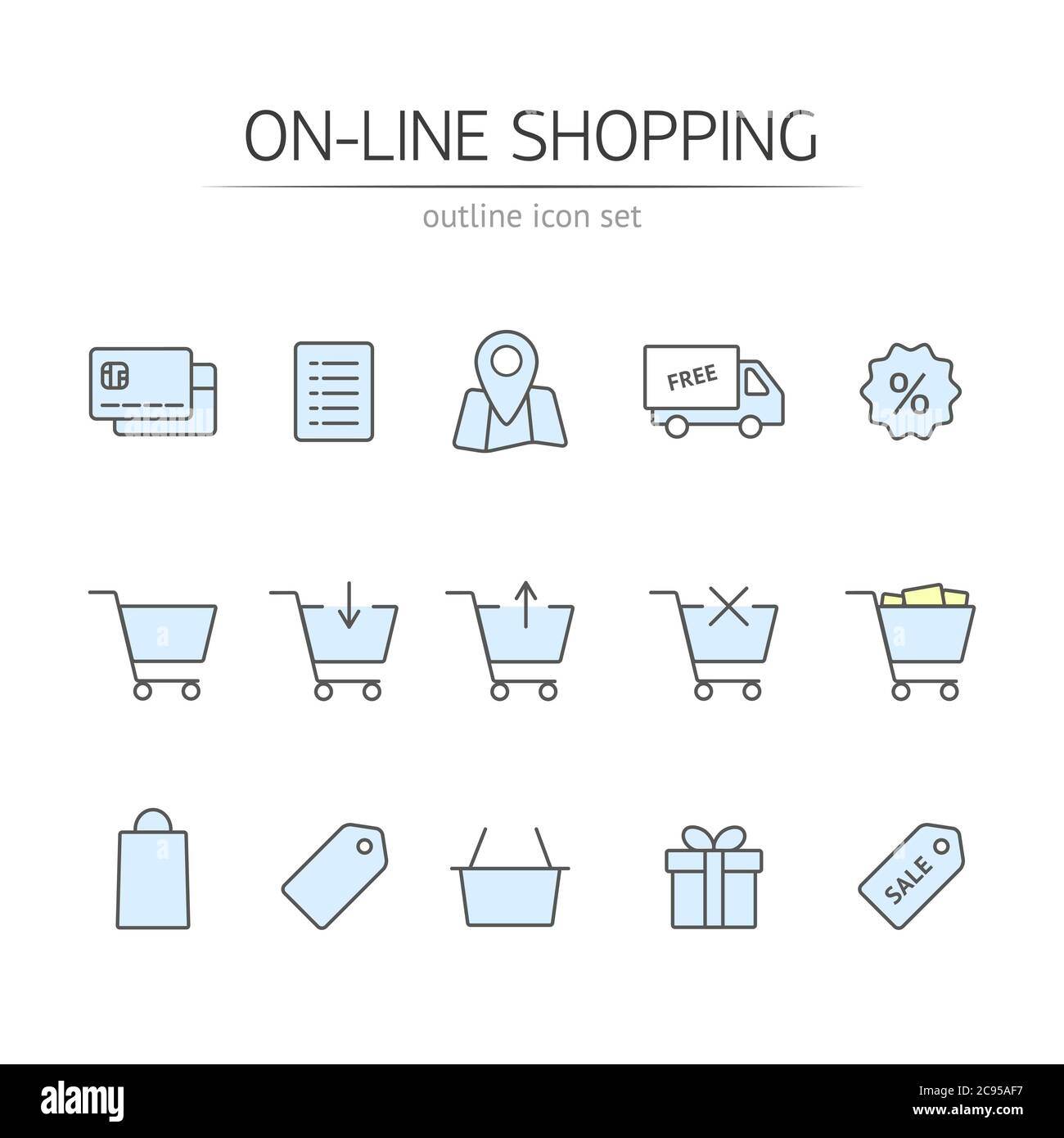 Online shopping icons set. Vector outline symbols with blue fill. Set ...
