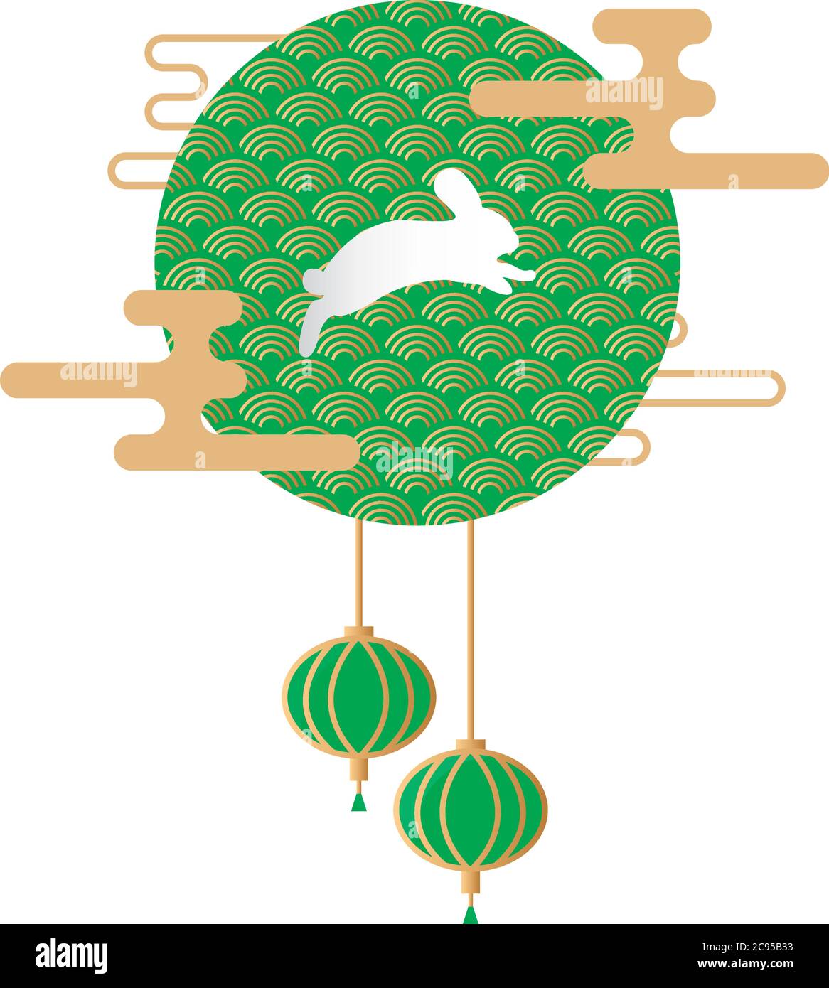 mid autumn festival with waves in circular frame and rabbit vector ...