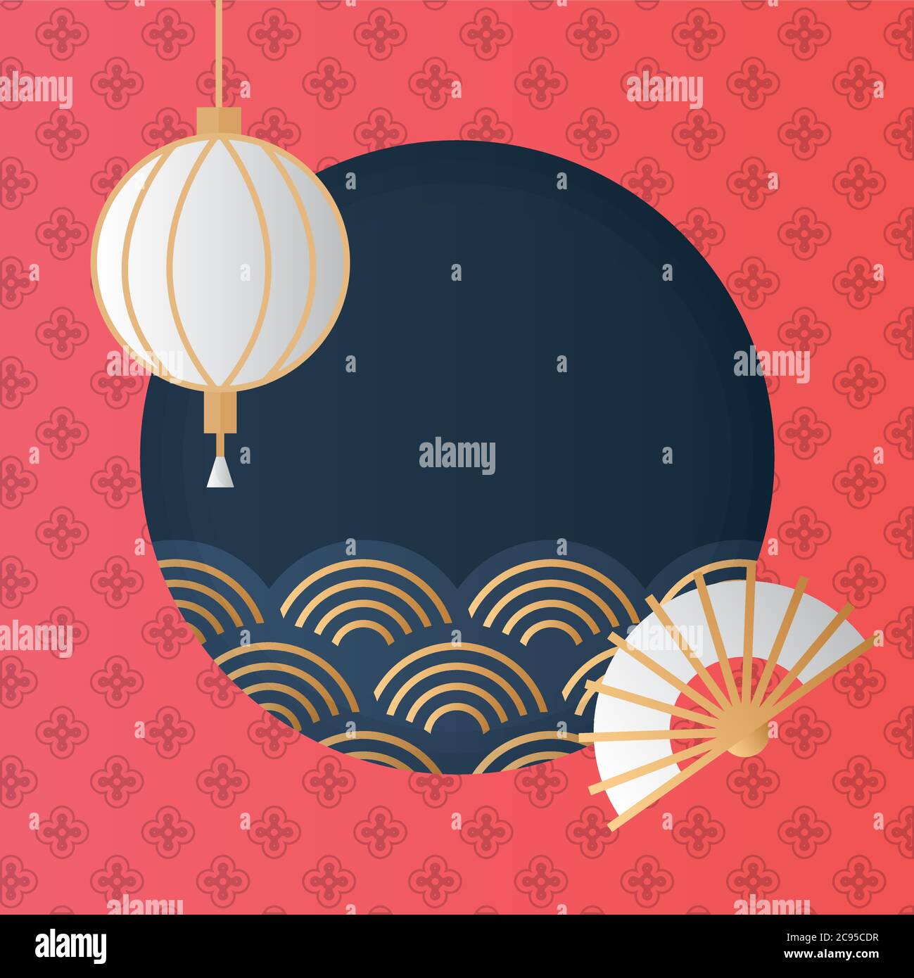 mid autumn festival with waves in circular frame and lanterns vector ...