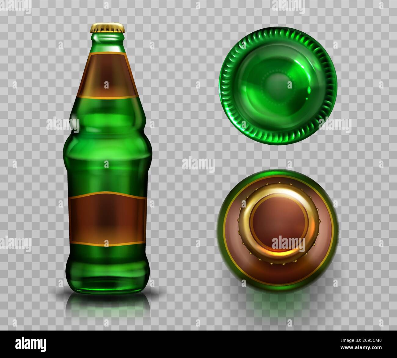 Beer bottle top and bottom view, alcohol drink in green glass flask ...