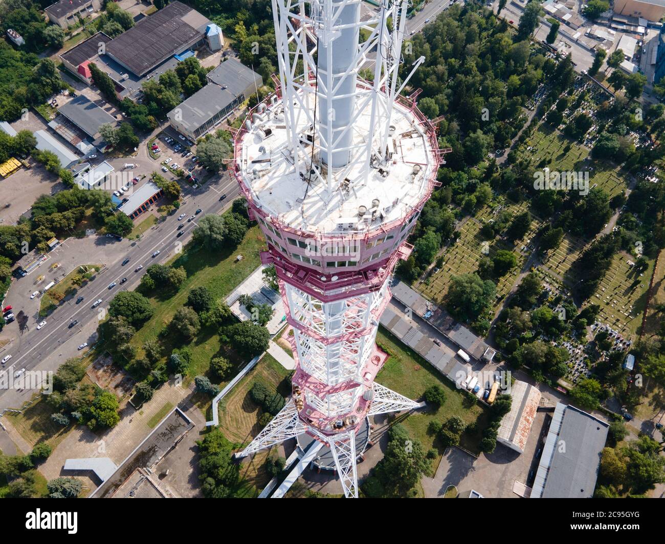 The architecture of Kyiv. Ukraine: TV tower. Aerial view Stock Photo ...
