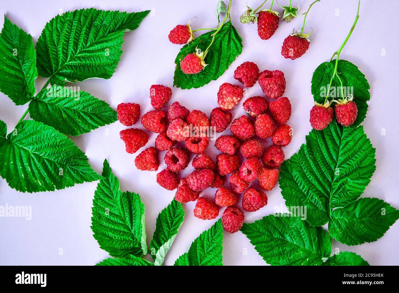 A beautiful red heart made of raspberries with reen leaves laying ...