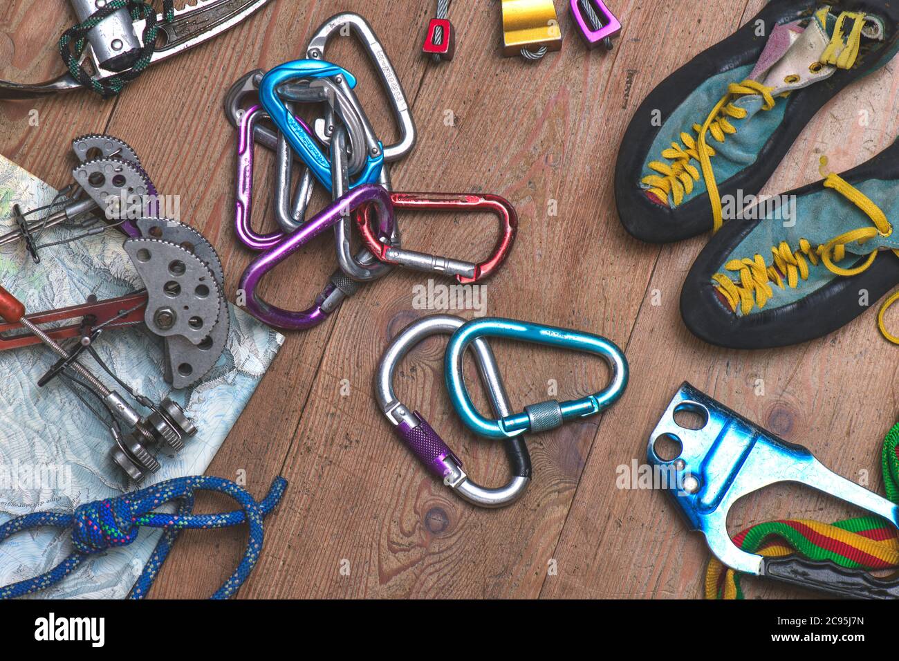 Rock climbing material resting on the floor Stock Photo - Alamy