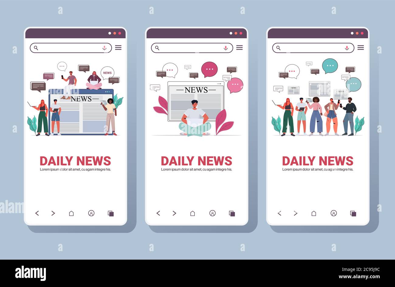 set people reading and discussing daily news chat bubble communication ...