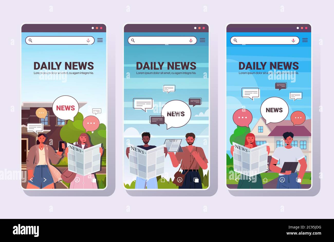 set people reading and discussing daily news chat bubble communication ...
