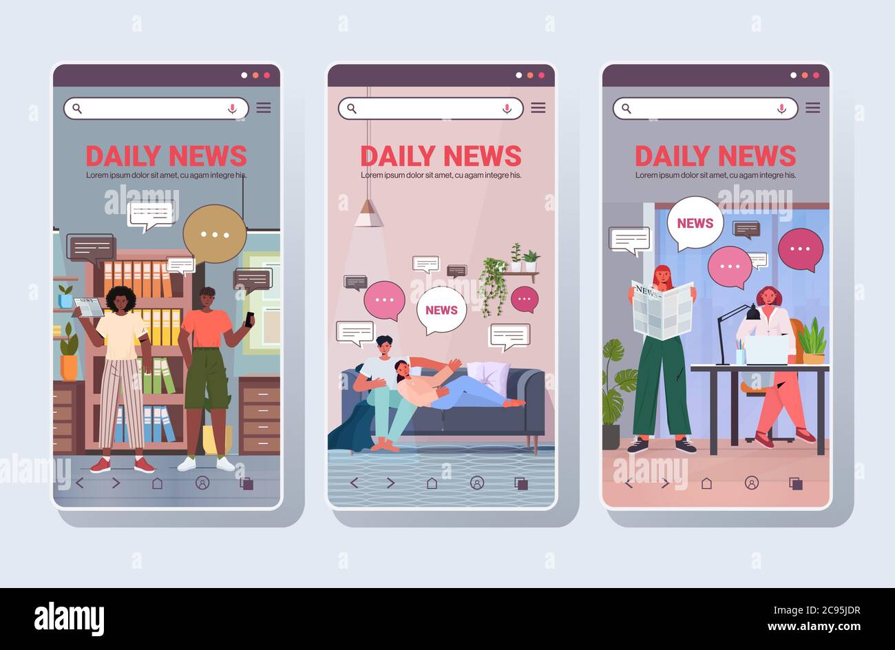set people reading and discussing daily news chat bubble communication ...