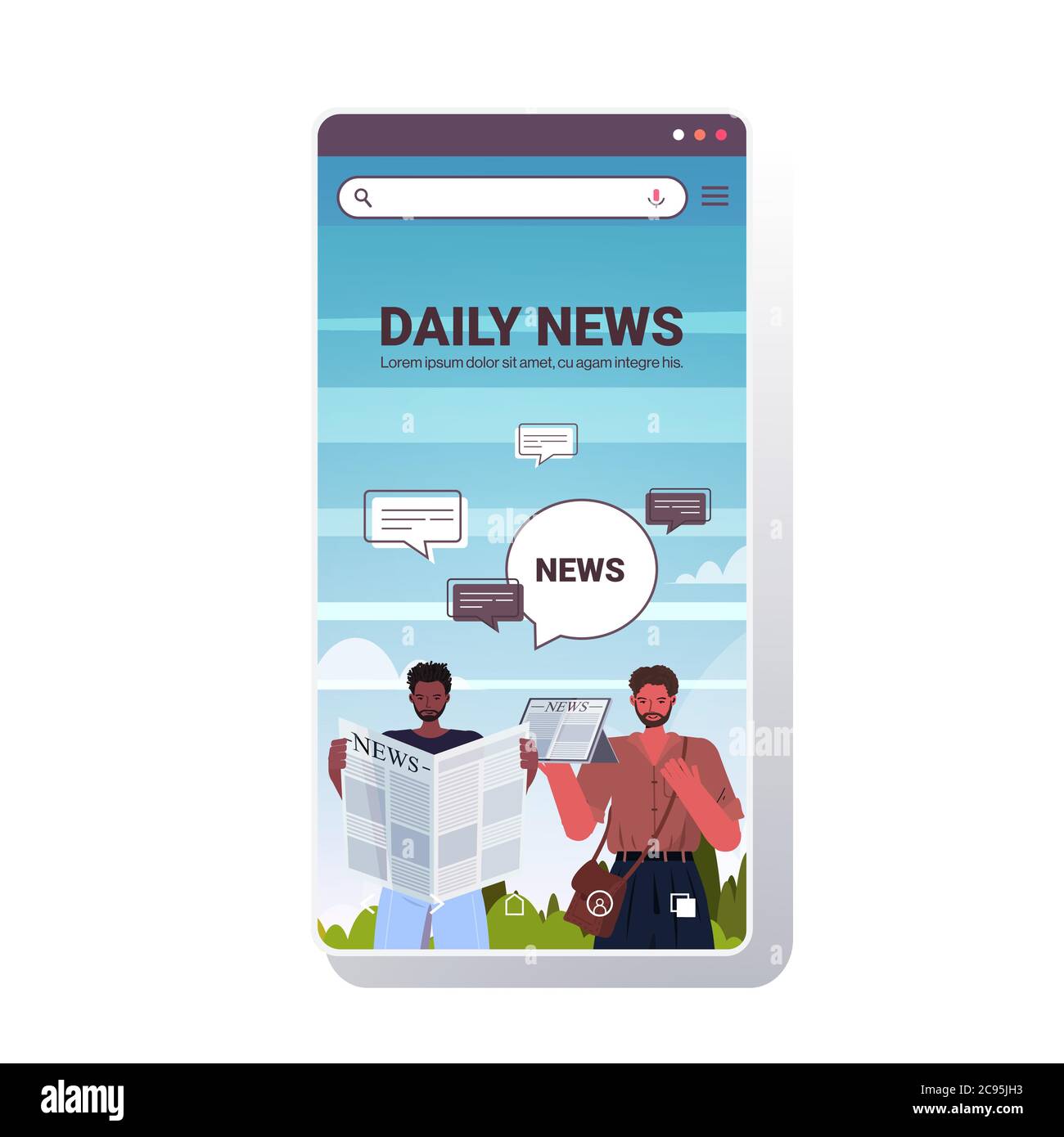 friends reading and discussing daily news during meeting chat bubble ...
