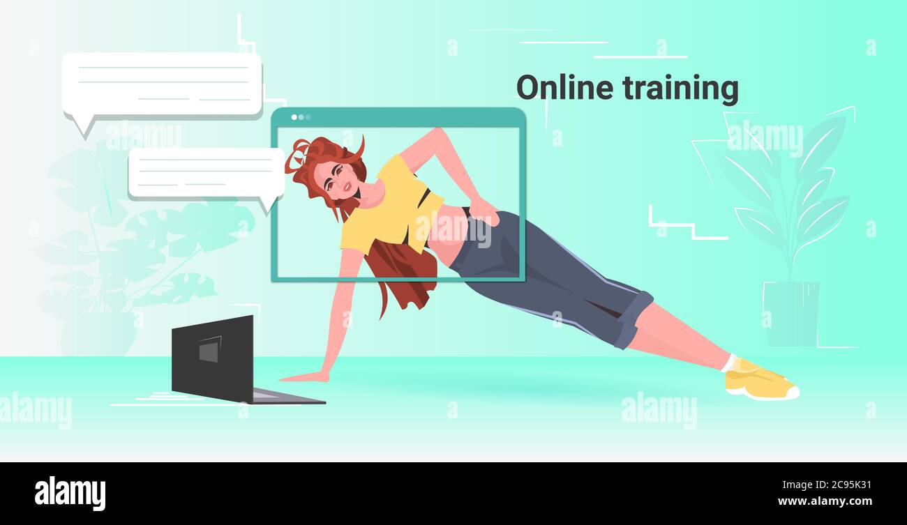 young woman doing yoga fitness exercises online training healthy ...