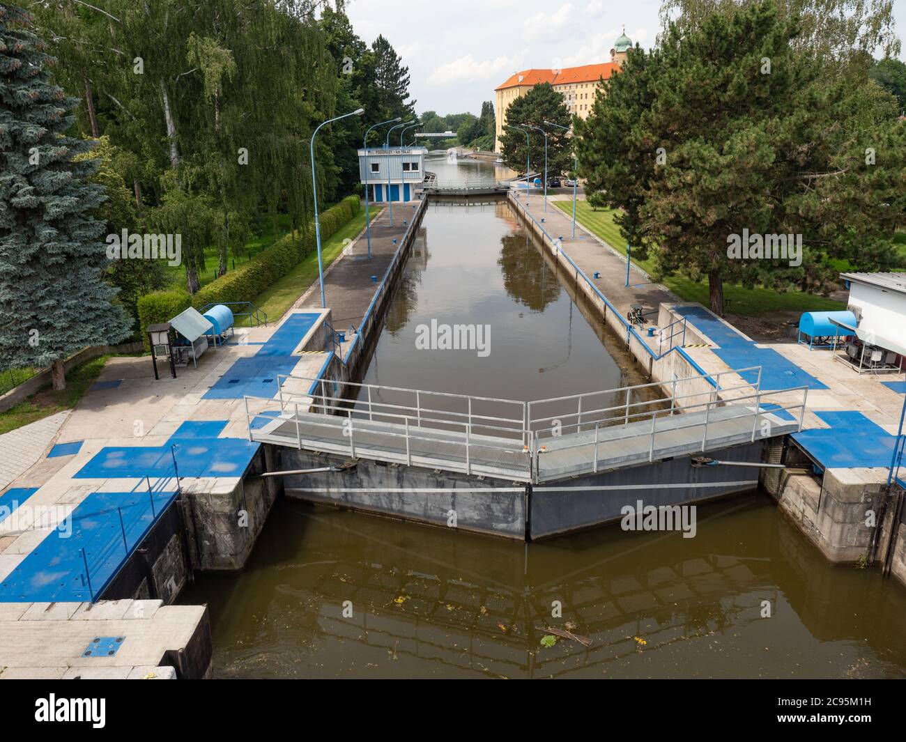 Closed river lock chamber, a device used for raising and lowering boats ...