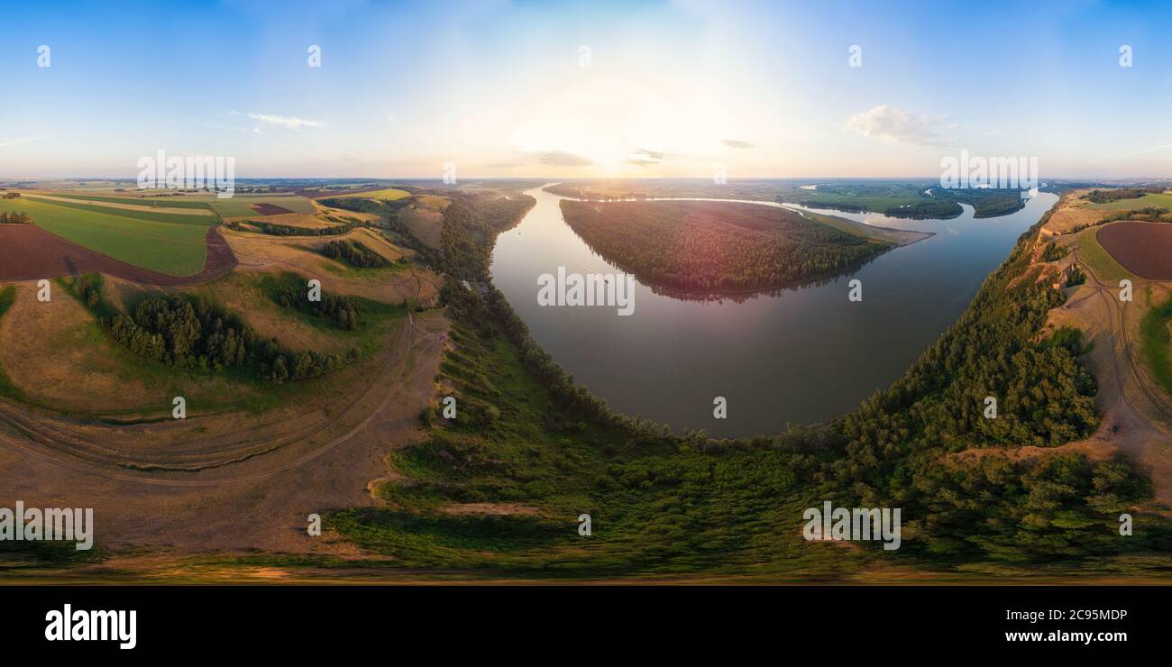 Aerial drone view of river landscape in sunny summer evening Stock ...
