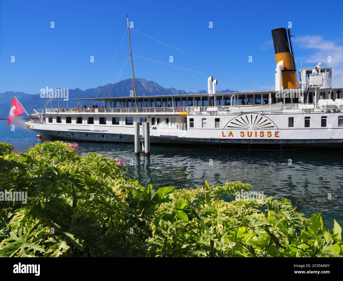 Paddle-wheel steam boat on Leman Lake in Montreux city in Switzerland ...