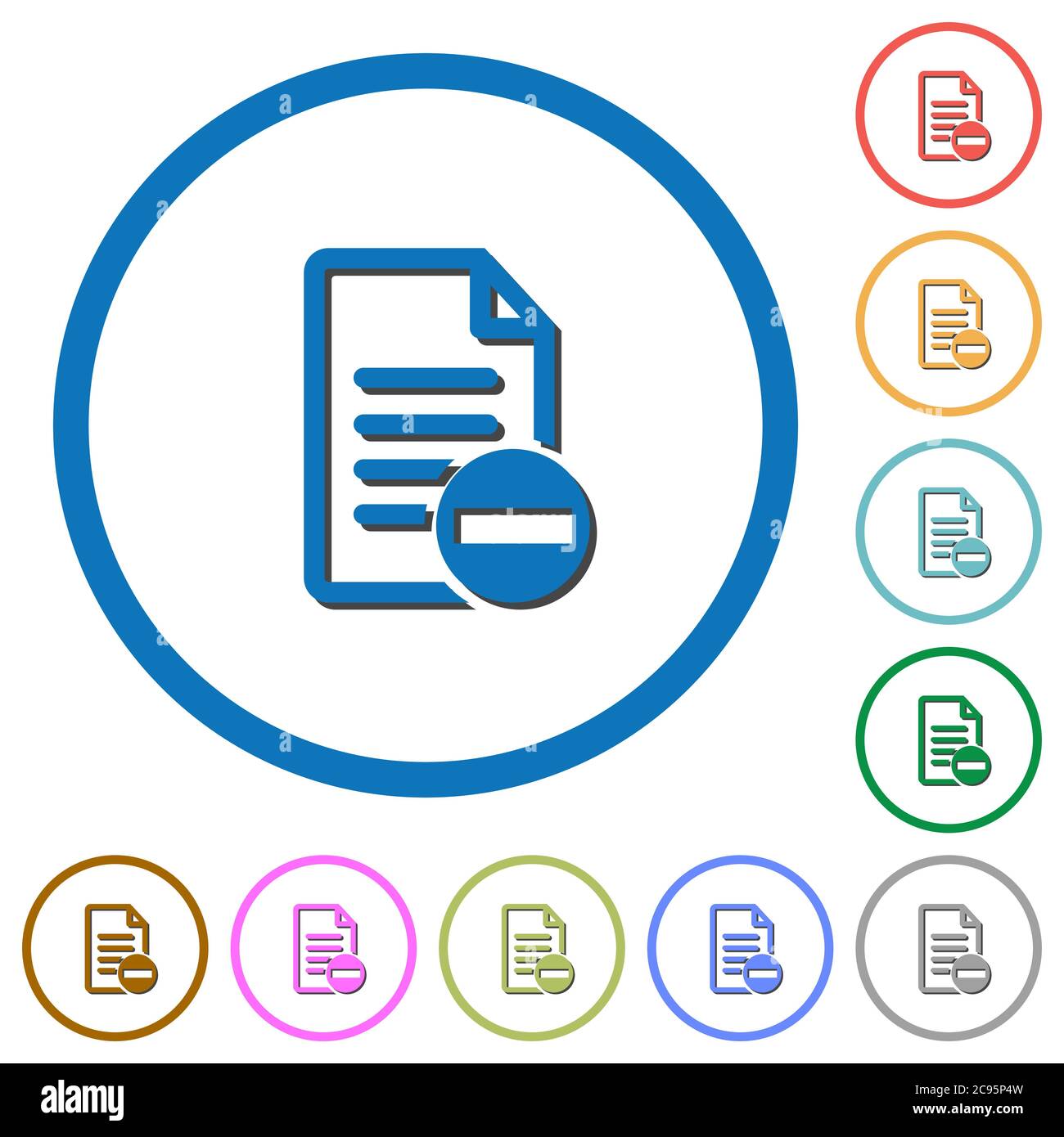 Remove document flat color vector icons with shadows in round outlines ...