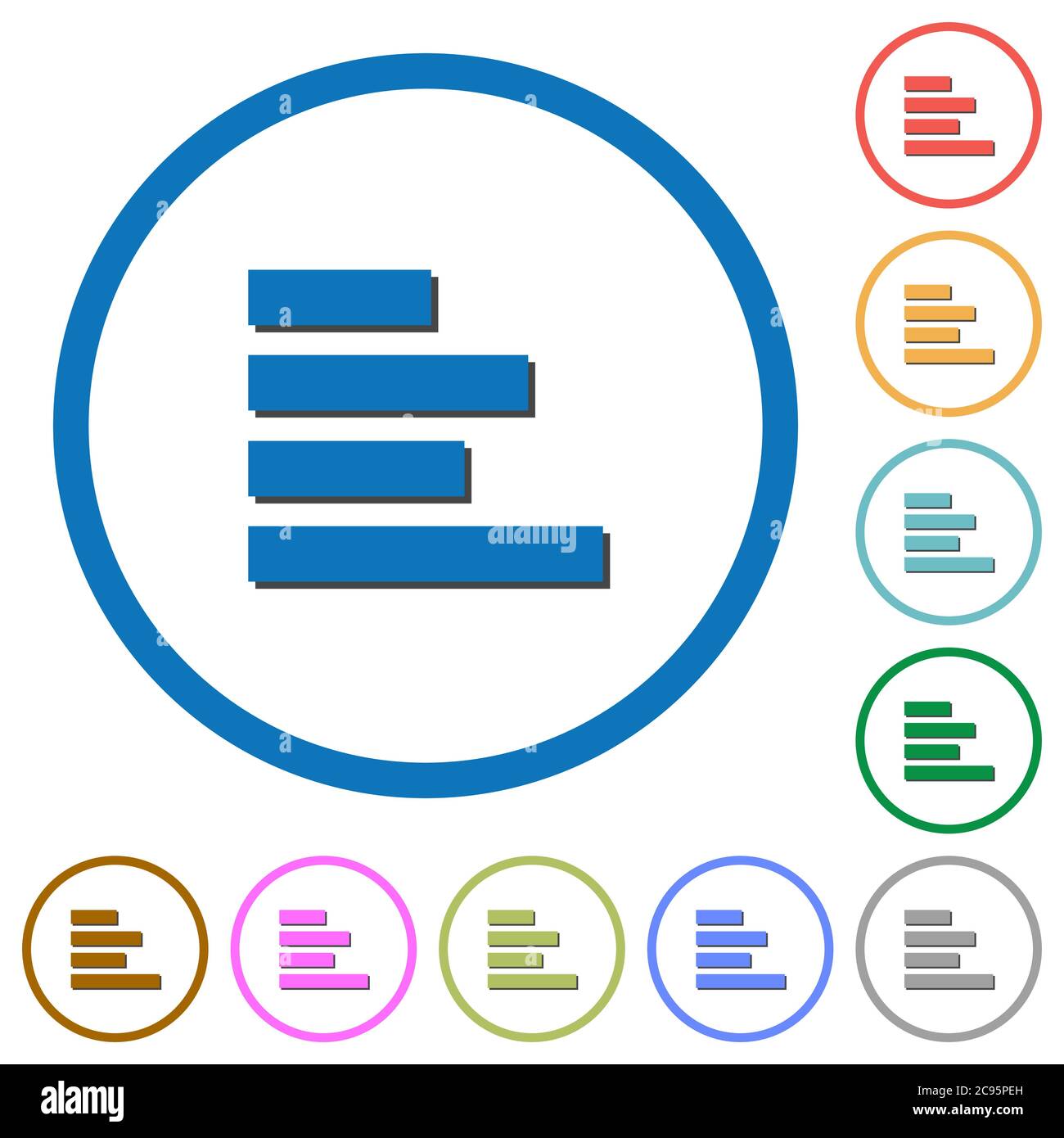 Text align left flat color vector icons with shadows in round outlines ...