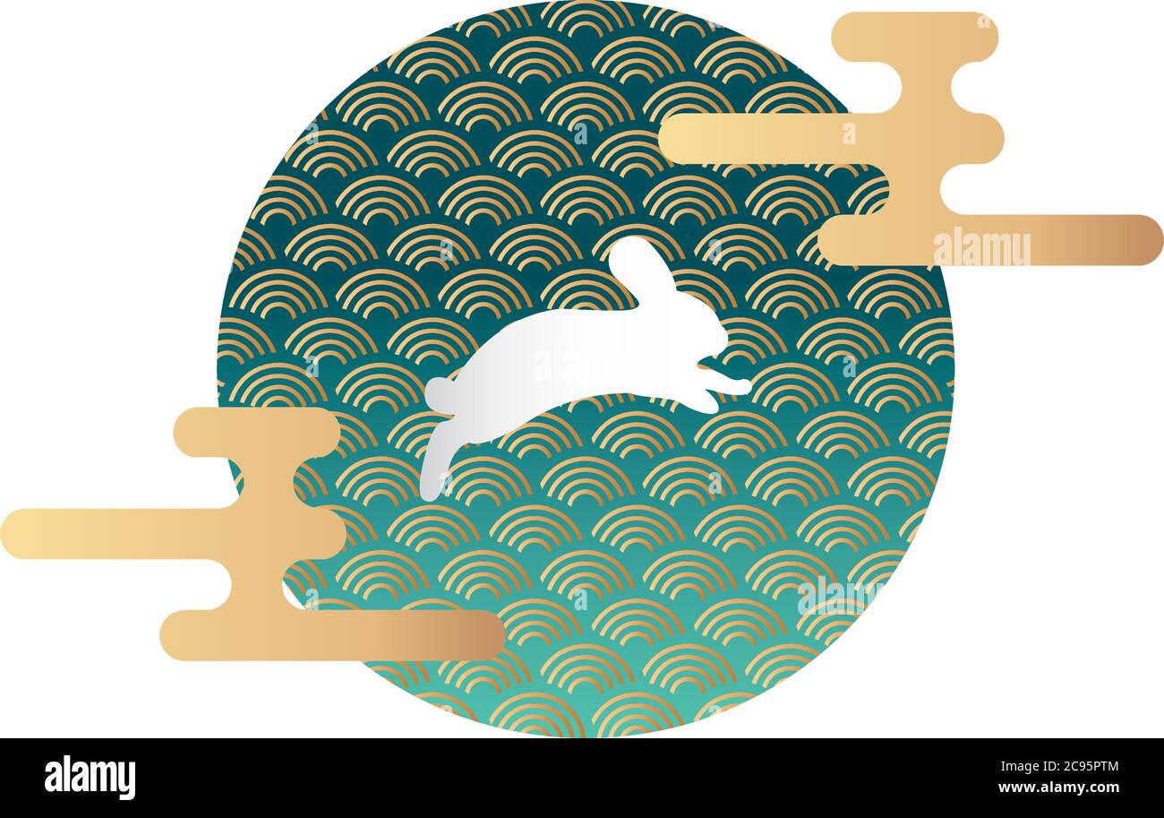 mid autumn festival with waves in circular frame and rabbit vector ...