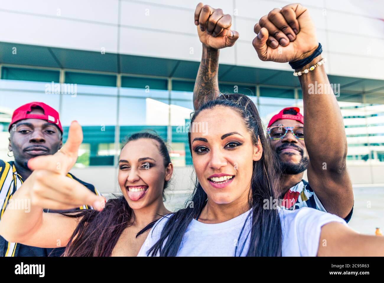 Hip hop crew dancing - Multiracial group of people having fun outdoors ...
