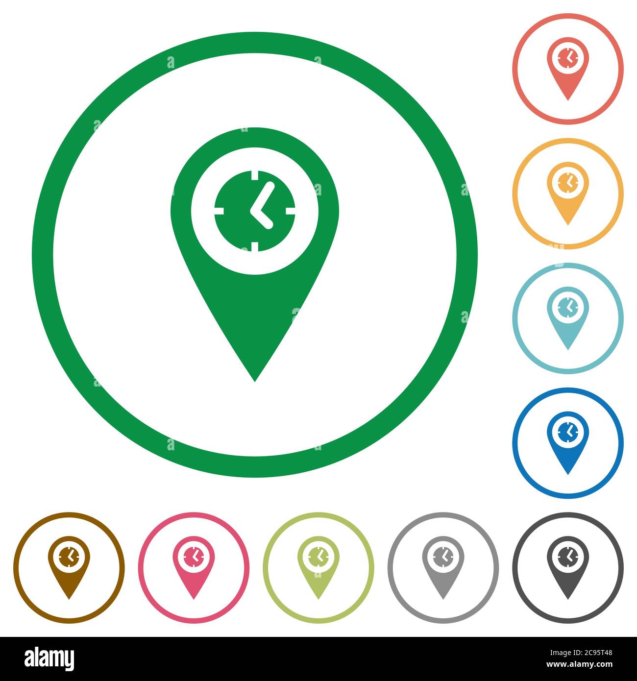 Arrival time GPS map location flat color icons in round outlines on ...