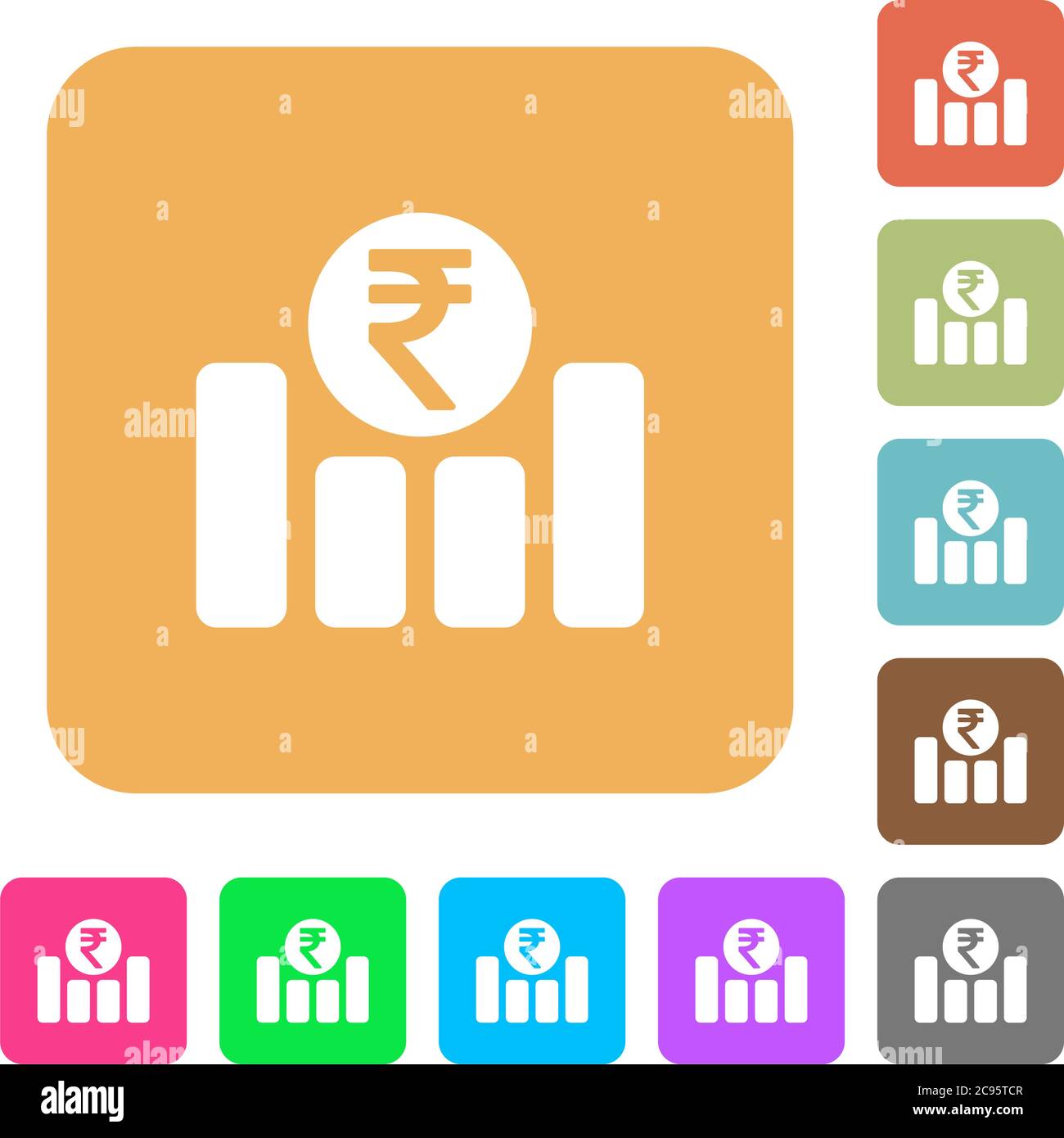 Indian Rupee financial graph flat icons on rounded square vivid color ...