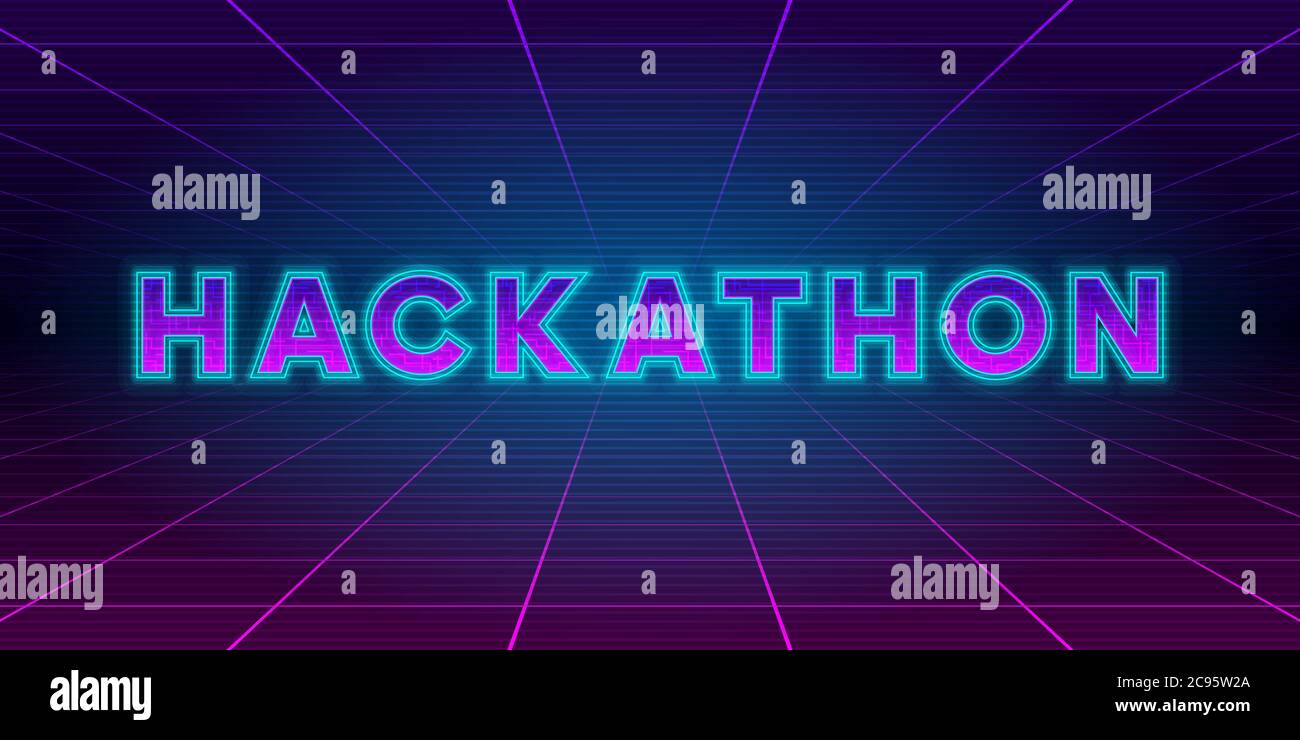 Hackathon retrowave style banner. Neon tech Hackathon inscription on ...