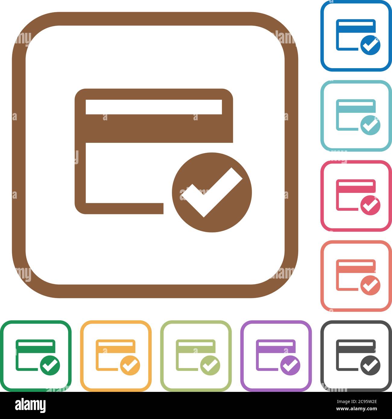 Credit card verified simple icons in color rounded square frames on ...