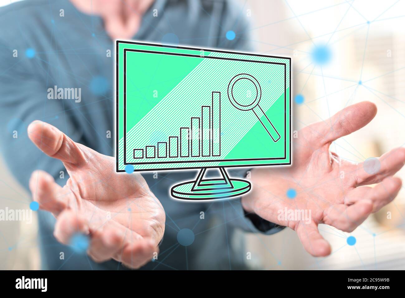 Market analysis concept above the hands of a man in background Stock ...