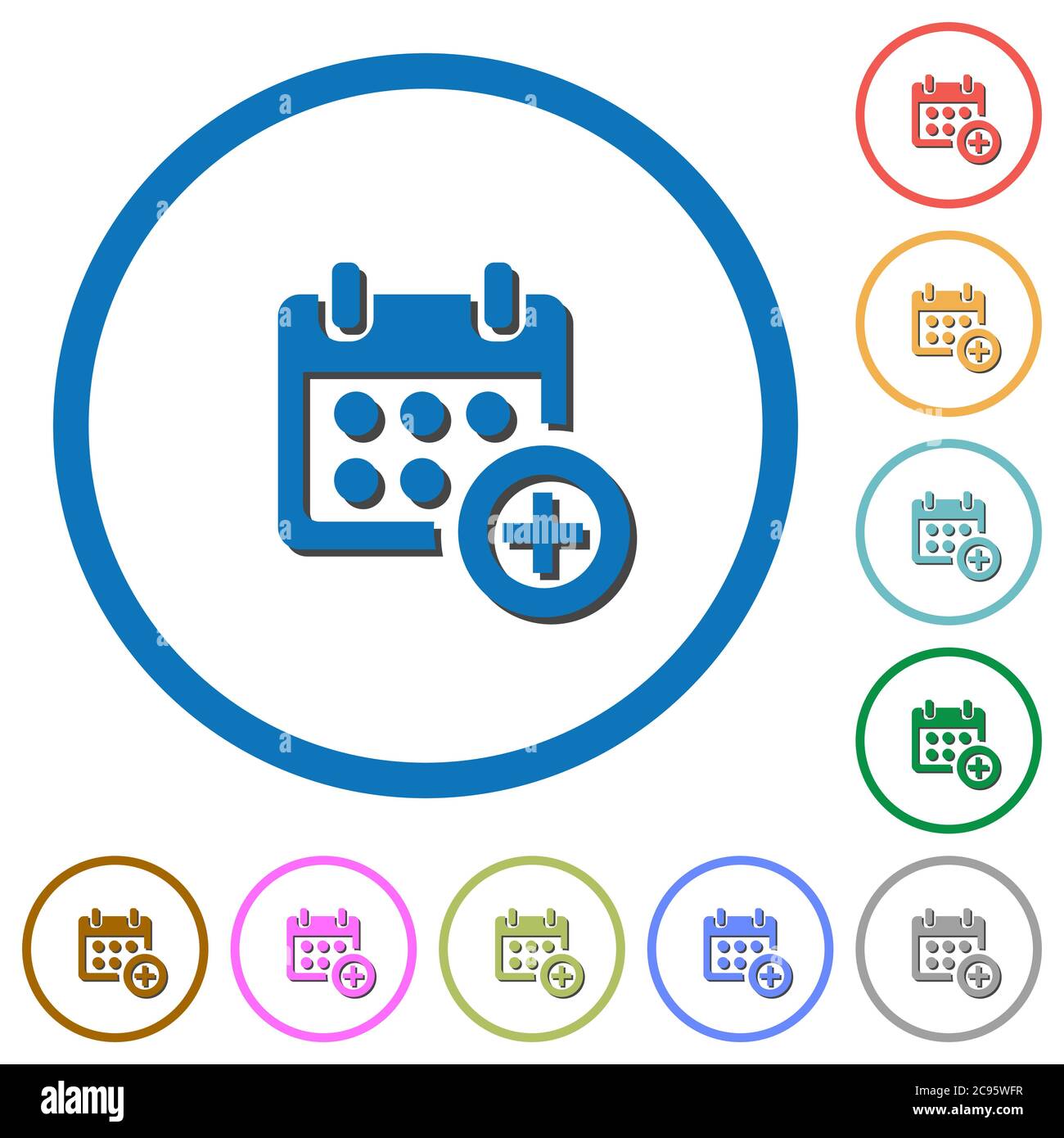 Add to calendar flat color vector icons with shadows in round outlines ...